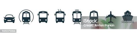 전송 실루엣 아이콘 공기 자동차 철도 교통 픽토그램 대중 교통 표지판 중지 아이콘 자동차 버스 트램 기차 지하철 비행기 및 선박 아이콘이 정면보기에 있습니다 벡터 일러스트