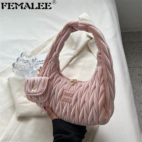 벨벳 플리츠 여성용 디자이너 어깨 겨드랑이 지갑 주름 벨벳 핸드백 브랜드 자수 지갑 및 핸드백 신제품 AliExpress