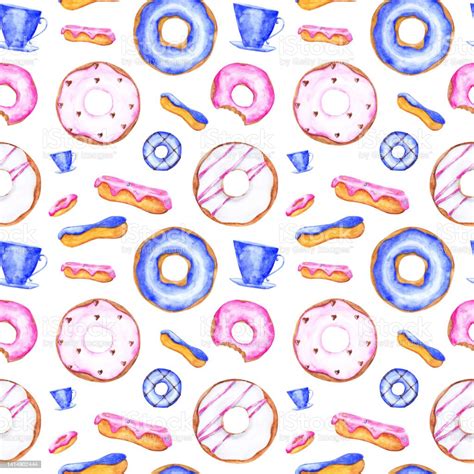 흰색 배경에 베이커리 매끄러운 패턴 도넛 컵 케이크 빈티지 커피 컵 에클레어 및 화환이 끝없는 인쇄물에 담겨 있습니다 수채화 도넛 일러스트레이션 디저트 벽지 생일 배경 0