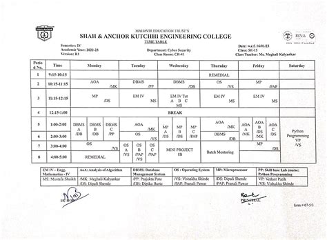 Time Table SAKEC Cyber Security Department