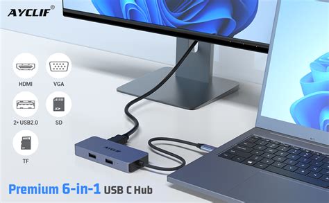 Ayclif Usb C Hub 6 In 1usb C Adapter Hdmi Vga Dual Monitor With Usb A