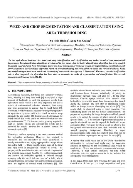Weed And Crop Segmentation And Classification Using Area Thresholding Pdf