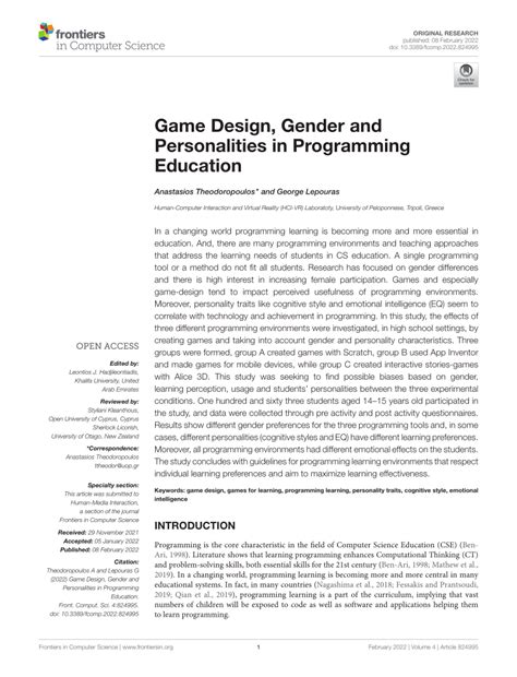 PDF Game Design Gender And Personalities In Programming Education