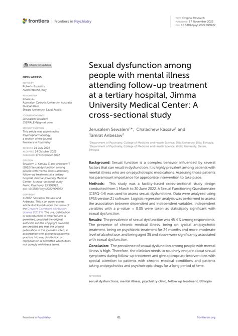 PDF Sexual Dysfunction Among People With Mental Illness Attending Follow Up Treatment At A