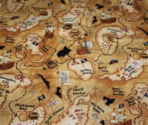 Items Similar To Cotton Fabric Pirate Treasure Map Timeless Treasures Yard On Etsy