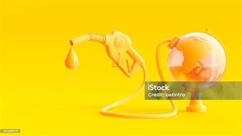 노란 지구에 기름 가솔린 인젝터 연료 펌프 노즐과 노란색 배경에 오일 드롭 개념 석유 산업 및 급유 서비스 최소한의 개념으로 설계되었습니다 3차원 형태에 대한 스톡 사진 및