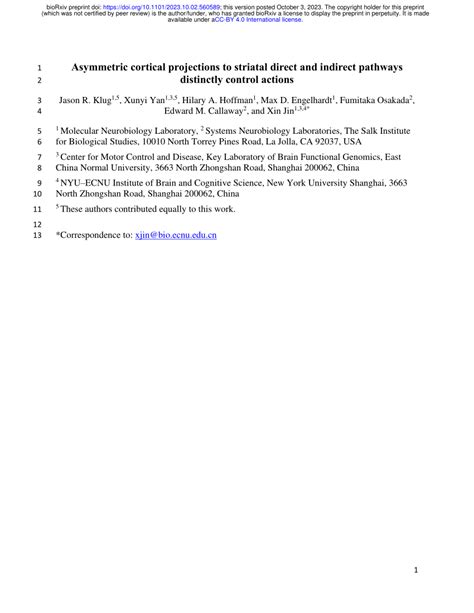Pdf Asymmetric Cortical Projections To Striatal Direct And Indirect Pathways Distinctly