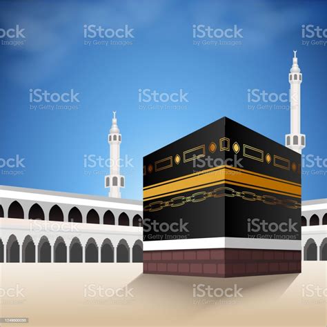 메카 사우디 아라비아의 하지 마브로어에 대한 카바 벡터 순례는 이드 아드 아다 무바라크를 위해 아라파트 산을 시작으로 끝납니다 하늘과 구름에 이슬람 배경 하지 의식 메카에