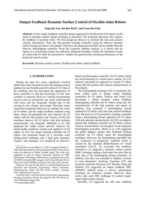 Pdf Output Feedback Dynamic Surface Control Of Flexible Joint Robots