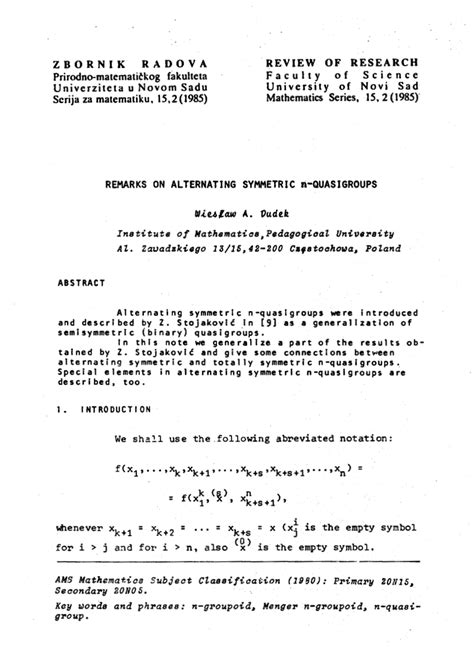 Pdf Remarks On Alternating Symmetric N Quasigroups