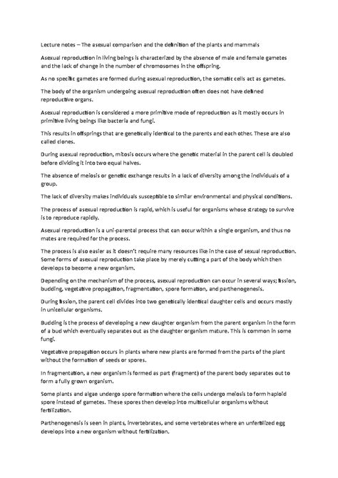 Lecture Notes The Asexual Comparison And The Definition Of The Plants