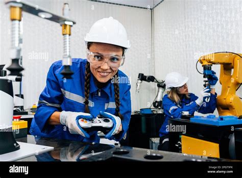 Female Automation Machine Engineer Babe Study And Inspection Control Robot Arm Machine In