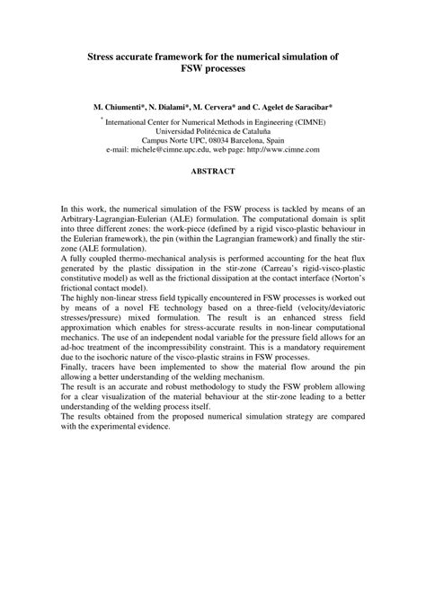 Pdf Stress Accurate Framework For The Numerical Simulation Of Fsw Processes