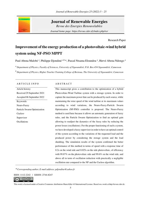 PDF Improvement Of The Energy Production Of A Photovoltaic Wind Hybrid System Using NF PSO MPPT