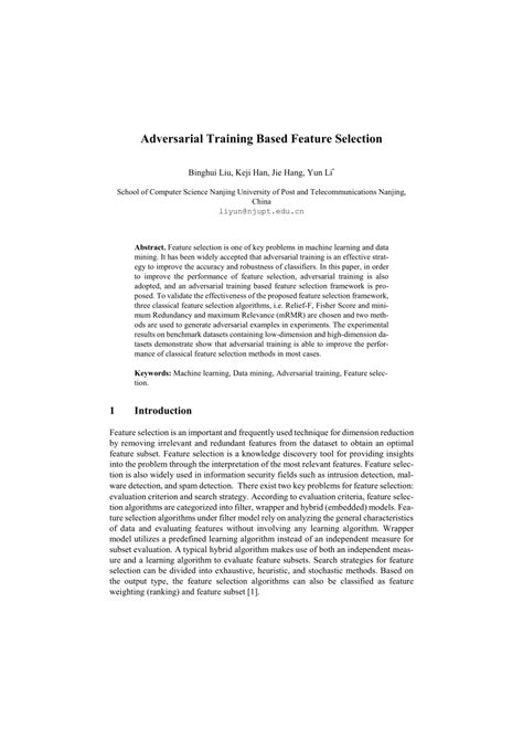 Pdf Adversarial Training Based Feature Selection