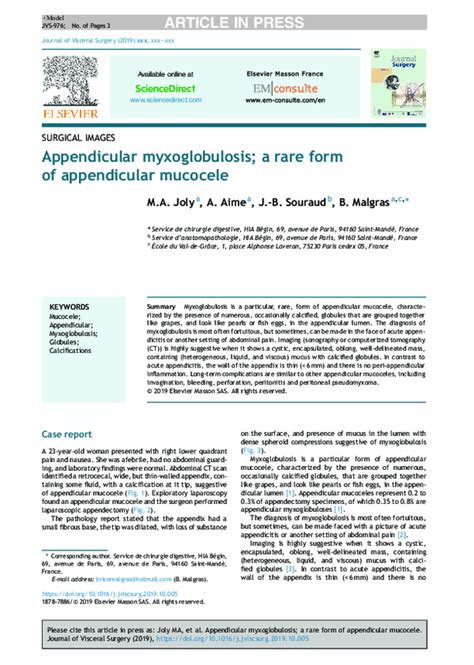 Pdf Appendicular Myxoglobulosis A Rare Form Of Appendicular Mucocele