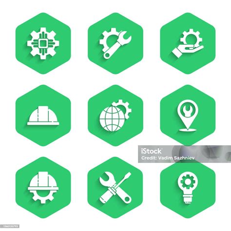 지구와 기어의 글로브를 설정 스크류 드라이버 렌치 스패너 전구 위치와 위치 작업자 안전 헬멧 손에 설정 및 프로세서 아이콘 벡터