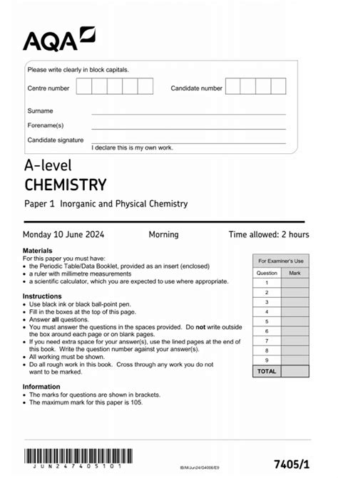 Aqa A Level Chemistry Paper 1 Qp 2024 7405 1 Inorganic And Physical