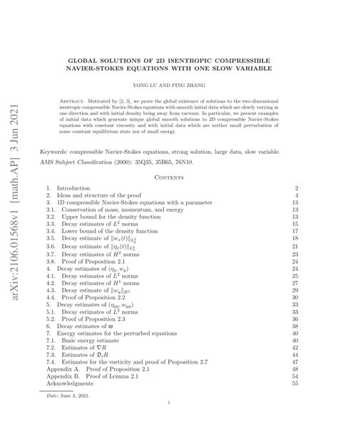 Pdf Global Solutions Of 2d Isentropic Compressible Navier Stokes Equations With One Slow Variable