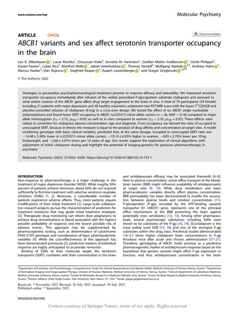 Pdf Abcb1 Variants And Sex Affect Serotonin Transporter Occupancy In
