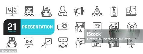 프레젠테이션 회의 회의 세미나와 관련된 선 아이콘 집합입니다 윤곽선 아이콘 모음 편집 가능한 획 벡터 일러스트 레이 션입니다 회의에 대한 스톡 벡터 아트 및 기타 이미지