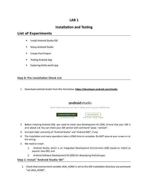 Lab 01 Nil LAB 1 Installation And Testing List Of Experiments Install Android Studio IDE