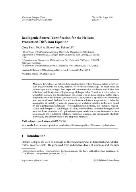Global Science Press Radiogenic Source Identification For The Helium Production Diffusion Equation
