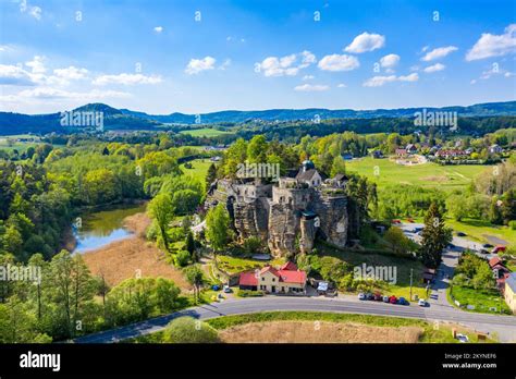 Aerial View Of Sloup Castle In Northern Bohemia Czechia Sloup Rock Castle In The Small Town Of
