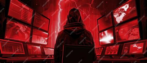 Hacker Wearing Hoodie In Dark Room With Multiple Screens Cyber Threat Red And Black Tones Copy