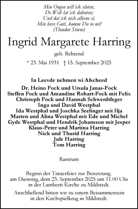 Traueranzeigen Von Ingrid Margarete Harring Sh Z Trauer