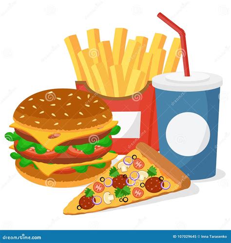 Бургер пицца фраи и питье на белой предпосылке Иллюстрация вектора иллюстрации насчитывающей