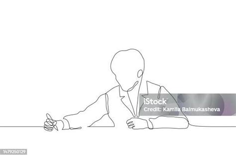 무언가를 쓰고 있는 테이블에 앉아 있는 재킷을 입은 남자의 연속 라인 아트 그림 애니메이션에 사용할 수 있습니다 흰색 배경에