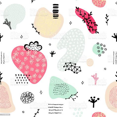 손으로 그린 추상적인 모양 벡터 원활한 패턴입니다 발견 및 질감 그림 독특한 디자인 창조적 인 배경 아플 리 케 자유형 스타일 벽지 직물 포장 옷에 인쇄 0명에 대한 스톡