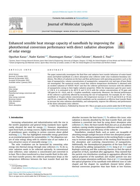 Pdf Enhanced Sensible Heat Storage Capacity Of Nanofluids By Improving The Photothermal