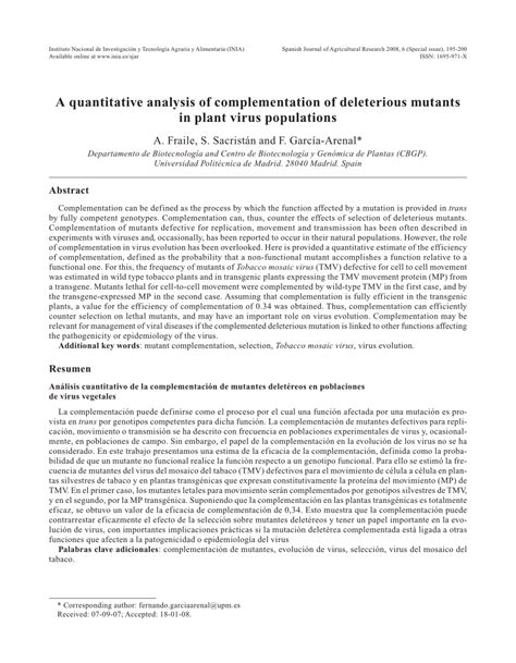 Pdf A Quantitative Analysis Of Complementation Of Deleterious Mutants