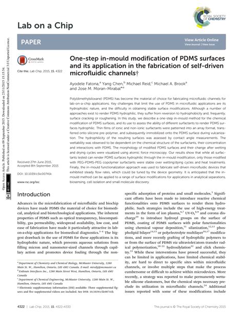 Pdf One Step In Mould Modification Of Pdms Surfaces And Its Application In The Fabrication Of