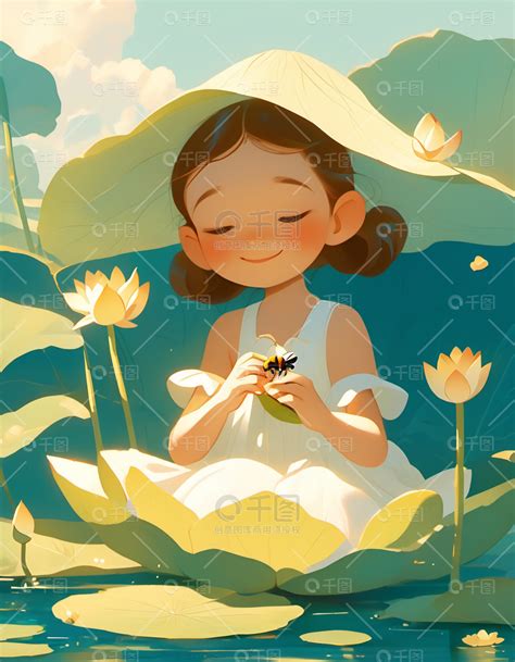 插画ai数字艺术 可爱女孩坐在荷叶上与蜜蜂插画 Ai平面元素免费下载png格式2688像素编号70834771 千图网