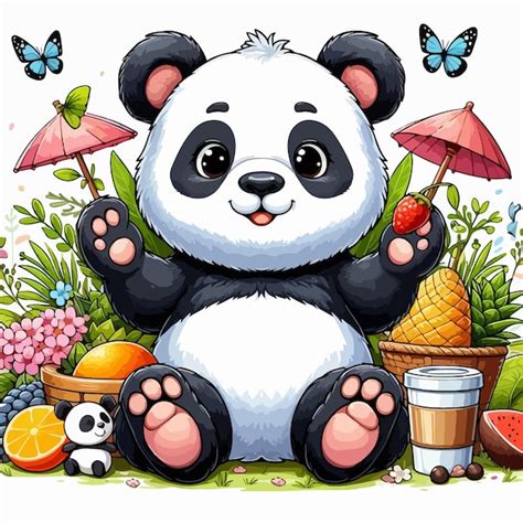 색 배경의 터 일러스트에 고립된 귀여운 판다 만화 프리미엄 벡터