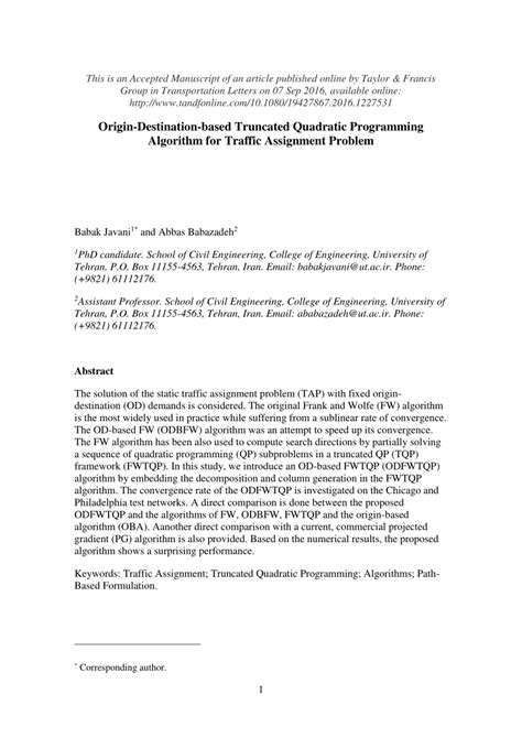 Pdf Origin Destination Based Truncated Quadratic Programming