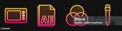 지우개로 라인 rgb 및 cmyk 색상 혼합 그래픽 태블릿 ae 파일 문서 및 연필을 설정합니다 빛나는 네온 아이콘입니다 벡터