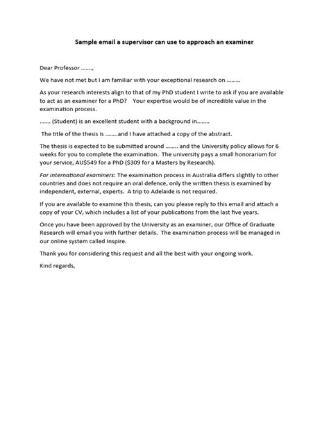 Sample Email For Supervisors To Approach An Examiner Pdf