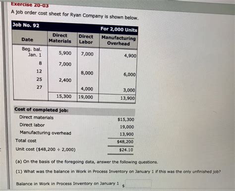 Solved Xercise 20 03 A Job Order Cost Sheet For Ryan Company