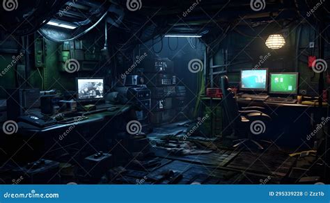 Messy And Dark Cyberpunk Hacker Hideout Room Neural Network Generated