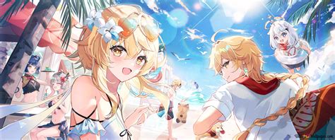 Lumine X Aether Beach Fun Sunny Day Genshin Impact K Wallpaper Download