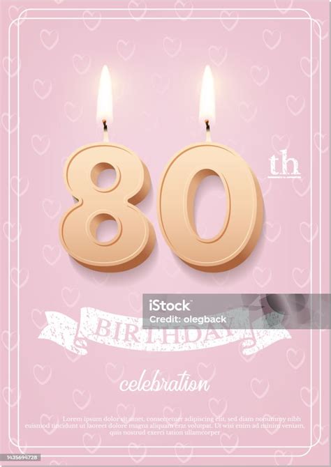 빈티지 리본과 생일 축하 텍스트가 담긴 80 번 생일 촛불을 엽서 형식의 질감이있는 분홍색 배경에 굽습니다 벡터 수직 여덟 생일 초대장 템플릿 3차원 형태에 대한 스톡 벡터