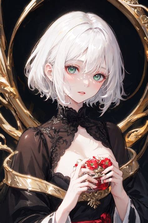 1 Girl Solo White Skin Short Hair White Hair Emerald Eyes Bags