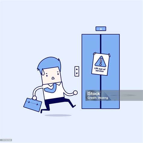 사업가가 엘리베이터로 달려가고 있습니다 그러나 엘리베이터는 서비스가 없습니다 만화 캐릭터 얇은 선 스타일 벡터 단순함에 대한 스톡 벡터 아트 및 기타 이미지 Istock