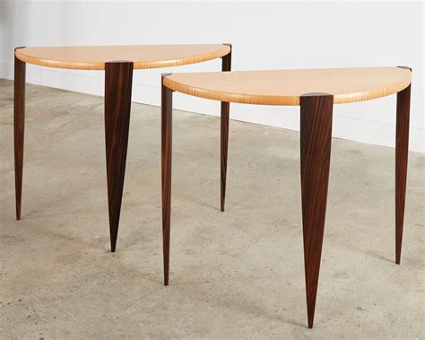Pair Of Post Modern Ebony And Birch Demilune Console Tables For Sale At