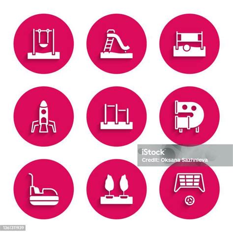 수평 막대 숲 축구 목표 공 아이 놀이터 슬라이드 파이프 범퍼 자동차 로켓 선박 배구 그물과 스윙 아이콘을 설정합니다 벡터 가루로 빻은에 대한 스톡 벡터 아트 및 기타