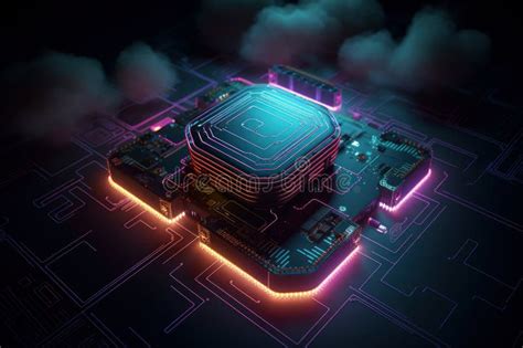 Neon Clouds The Fusion Of Microchip And Cloud Computing Stock